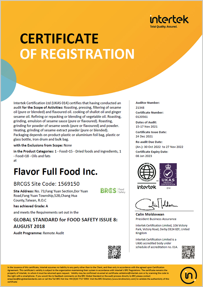 INTERNATIONAL CERTIFICATES - BRC CERTIFICATE - FLAVOR FULL FOODS INC.